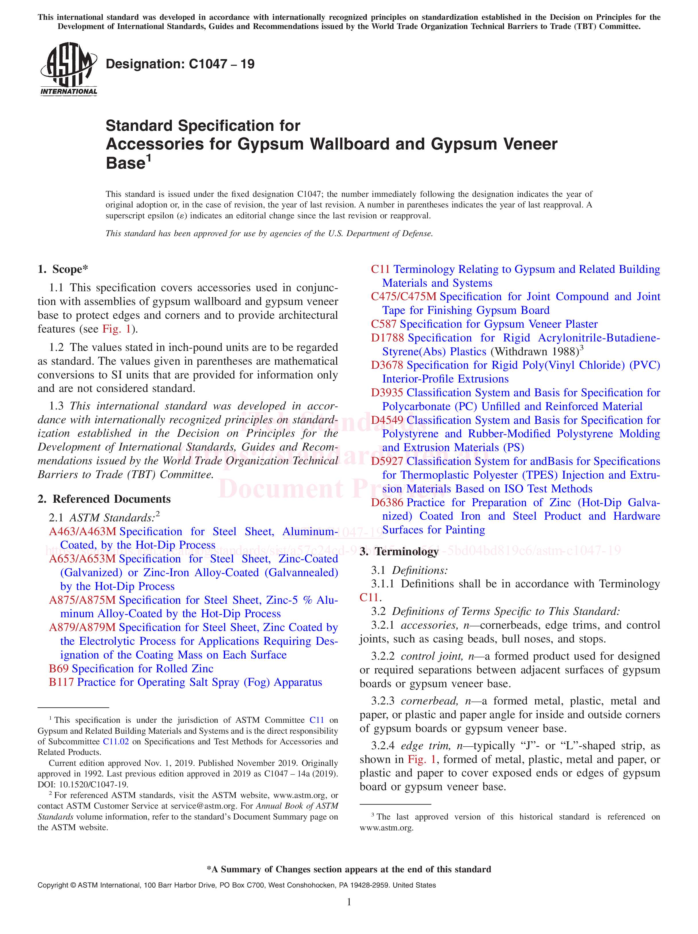 ASTM C1047-19 Standard Specification for Accessories for Gypsum Wallbo ...