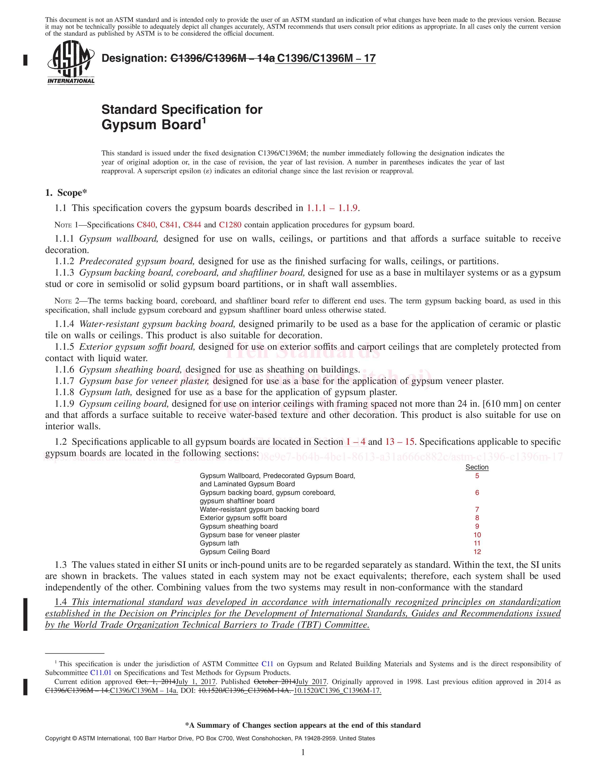 ASTM C1396-17 Standard Specification for Gypsum Board, 2017 with Janua ...